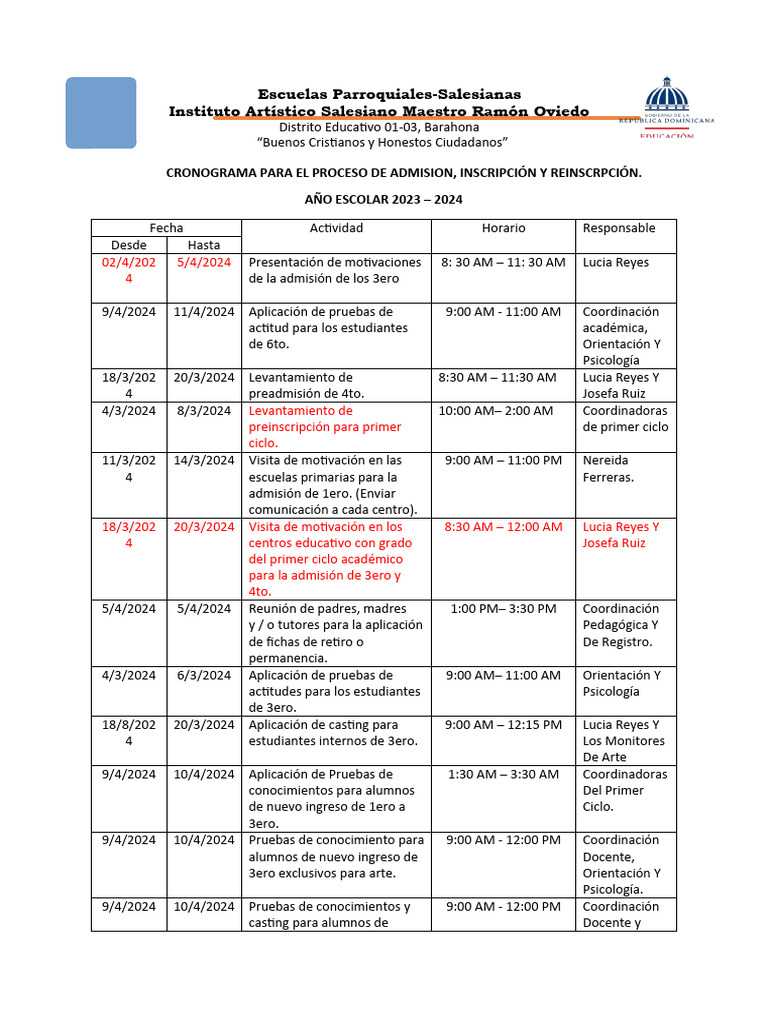 CRONOGRAMA DE ADMISION 2023 - 2024 General | PDF