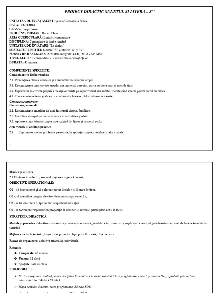 CLR Def - Proiect Didactic Sunetul Și Litera S | PDF