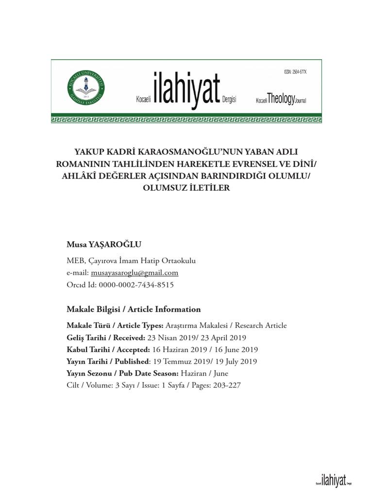 Yakup Kadr - Karaosmano - Lu - Nun Yaban Adli Romaninin Tahl - L - Nden Hareketle Evrensel Ve D ...