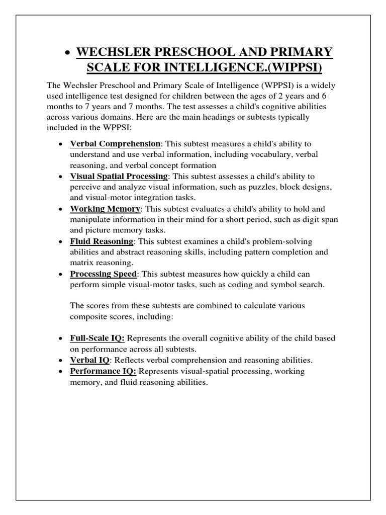 WECHSLER PRESCHOOL AND PRIMARY SCALE FOR INTELLIGENCE | PDF