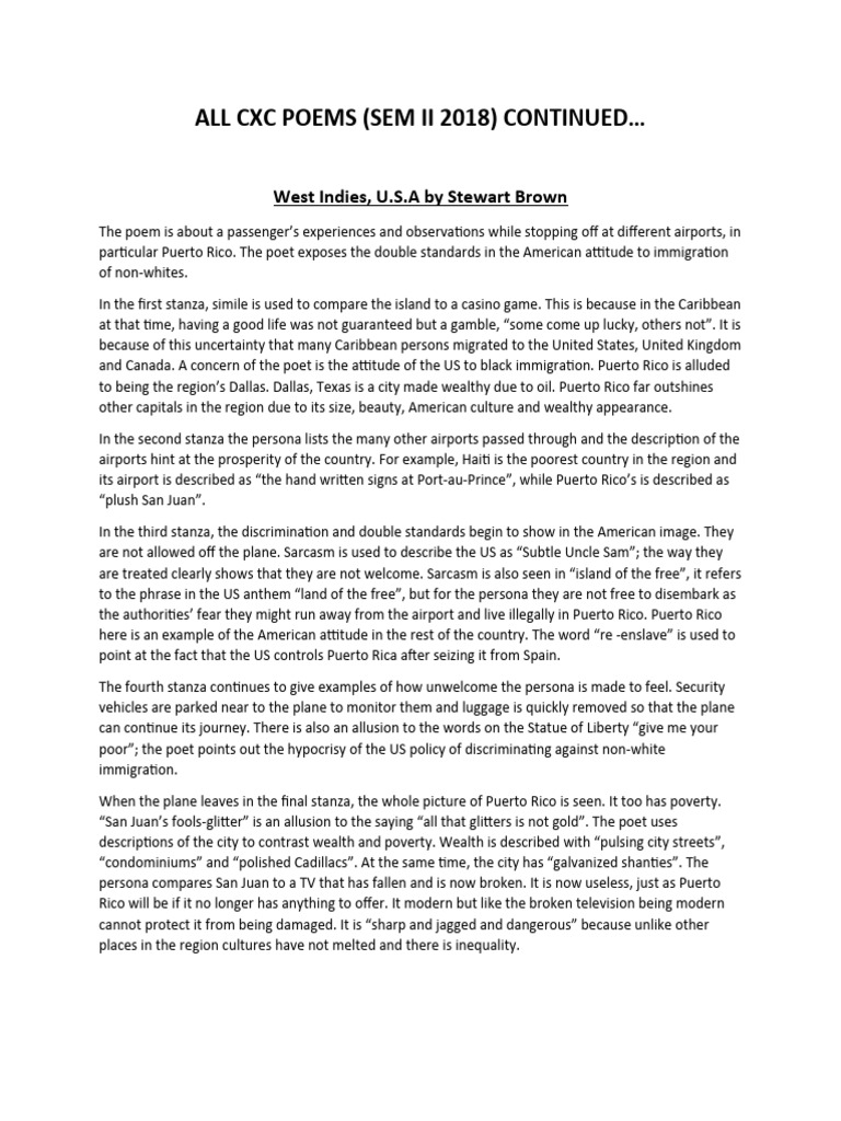 CXC POEMS Edited | PDF | Experience | Poetry