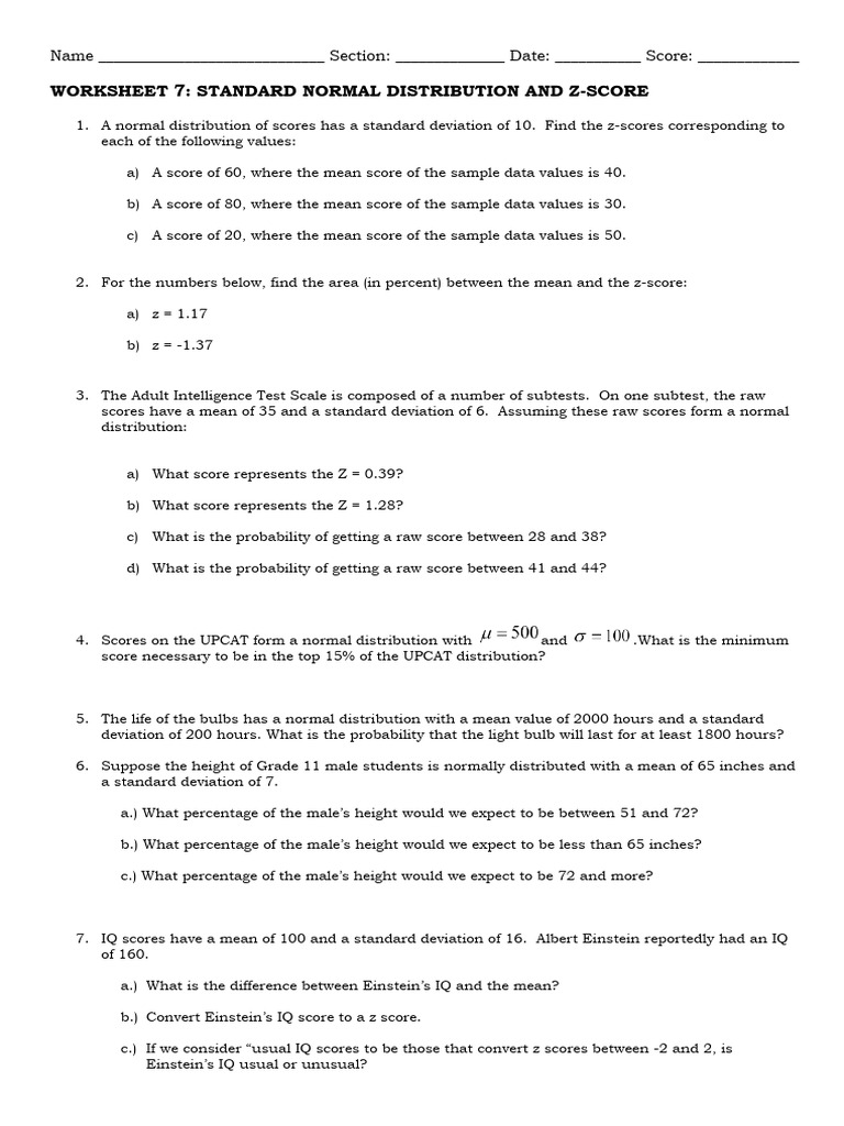 Z-Score and Normal Distribution Worksheet | PDF | Teaching Methods ...