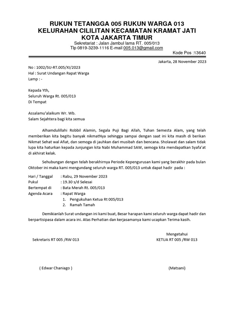 Surat Undangan Rapat Warga Rt. 005 | PDF Surat Undangan Rapat Warga Rt. 005 | PDF
