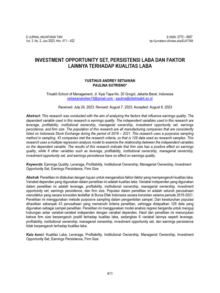 INVESTMENT_OPPORTUNITY_SET_PERSISTENSI_LABA_DAN_FA | PDF | Financial Economics | Business Economics