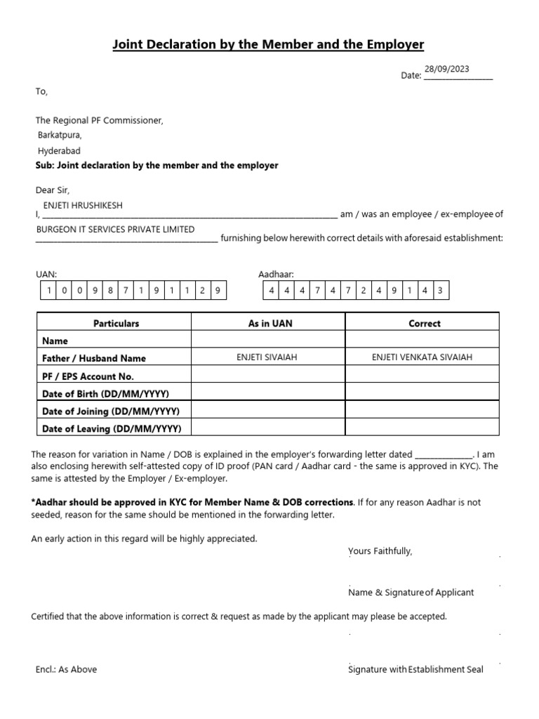 India New Joint Declaration Form1 EPFO | PDF | Finance & Money Management