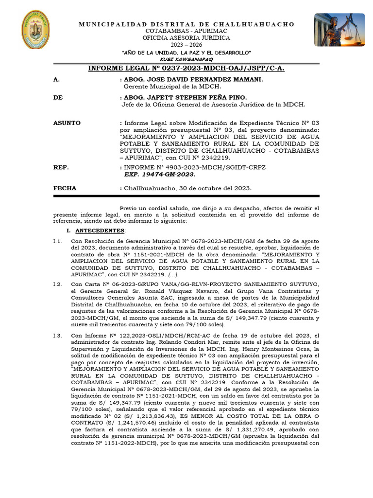 Informe Legal #0237-2023 Modificacion de Expediente Tecnico #03 Por ...
