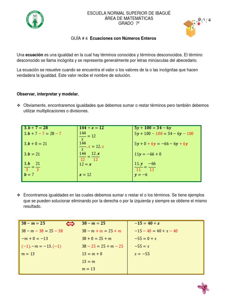 Guia Ecuaciones Con Numeros Enteros 07 04 M Pdf Ecuaciones