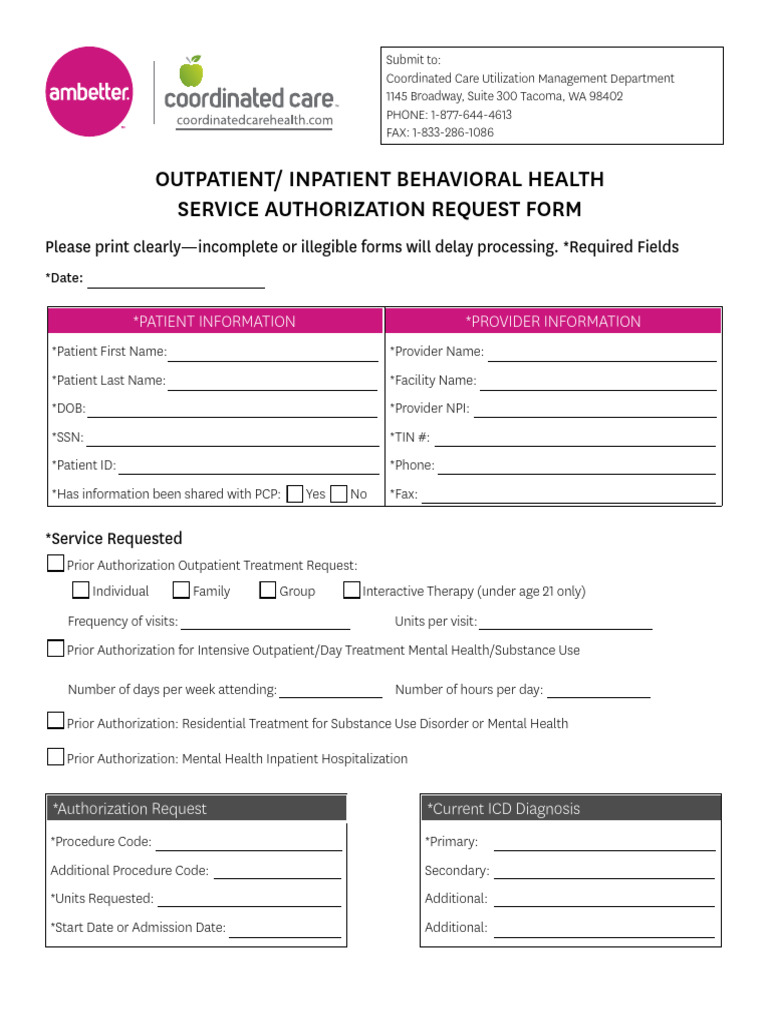 AMB WA Outpatient Inpatient BH Auth Request Form | PDF | Patient ...