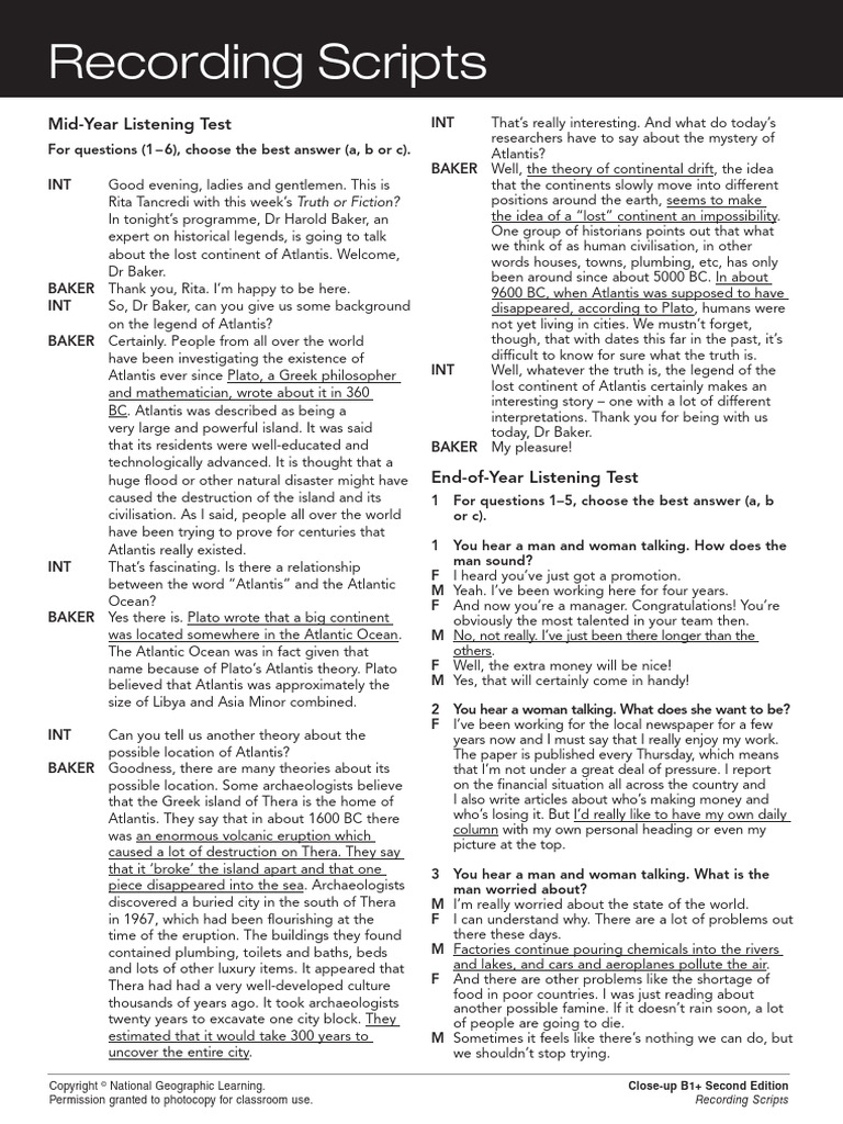 B1+ Mid-Year and End-of-Year Recording Script | PDF | Atlantis | Energy Development