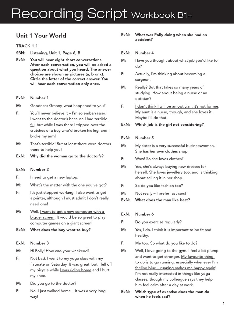 B1+ Workbook Recording Script With Answers | PDF