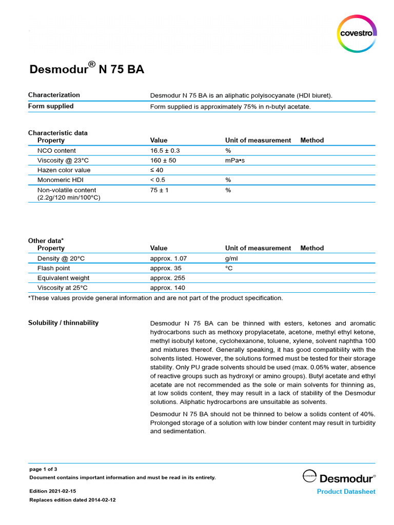 Desmodur N 75 BA - en - 04132289 12978409 13434689 | PDF