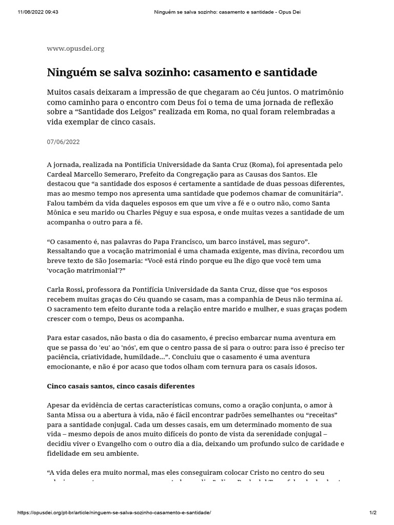 Ninguém Se Salva Sozinho - Casamento e Santidade - Opus Dei | PDF | Santo | Papa
