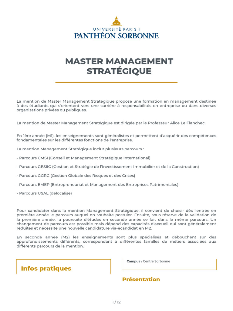 Master Management Stratégique à la Sorbonne | PDF | Commercialisation ...
