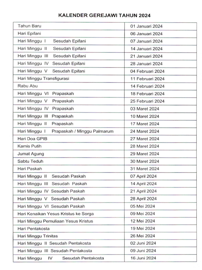 Kalender Gerejawi Tahun 2024 | PDF