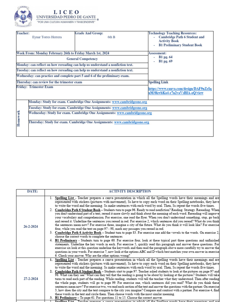 6º B Lesson Plan February 26TH To March 1ST, 2024 | PDF