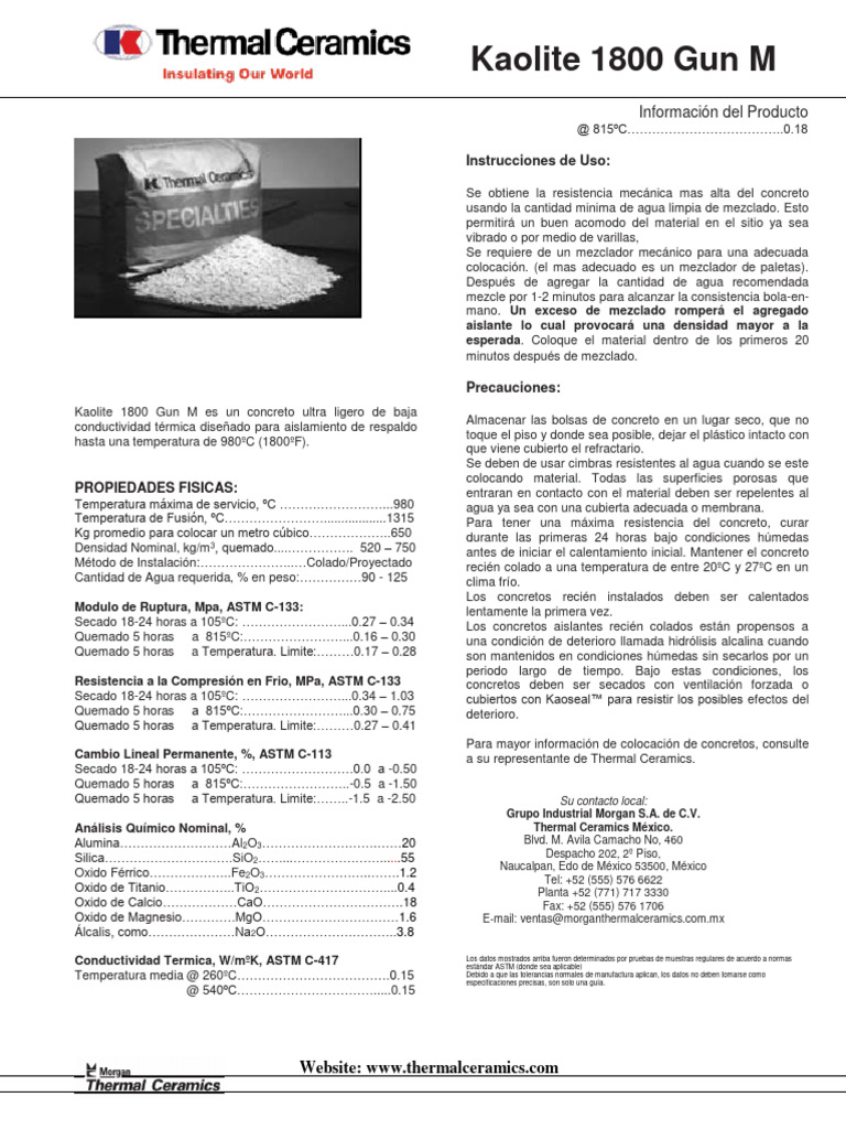 Kaolite 1800 Gun M - Data Sheet Spanish-2017 | PDF
