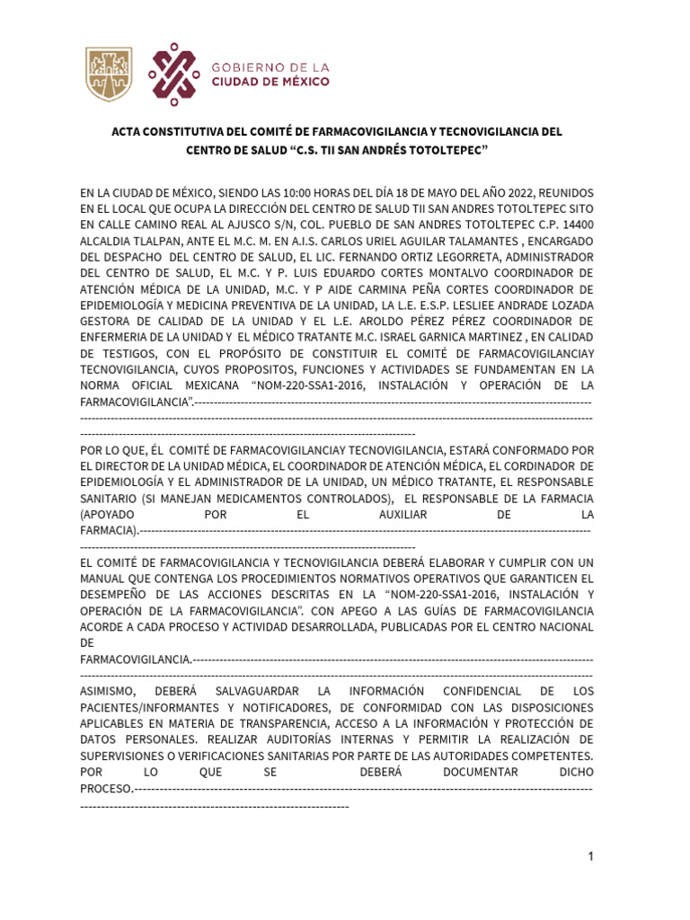 Acta Constitutiva Del Comité De Farmacovigilancia Pdf