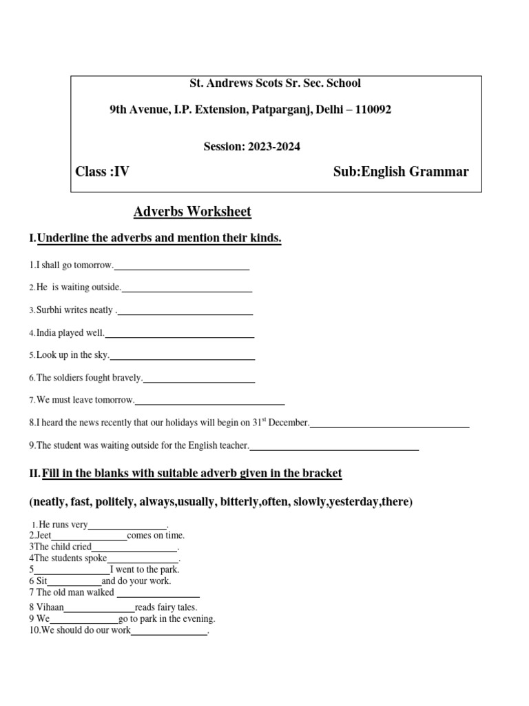 English Grammar- Adverbs Worksheet (IV) 2023-24 | PDF