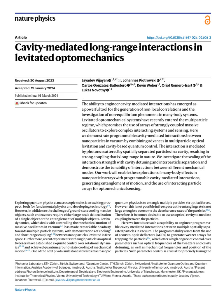 Cavity-Mediated Long-Range Interactions in | Download Free PDF | Optics ...