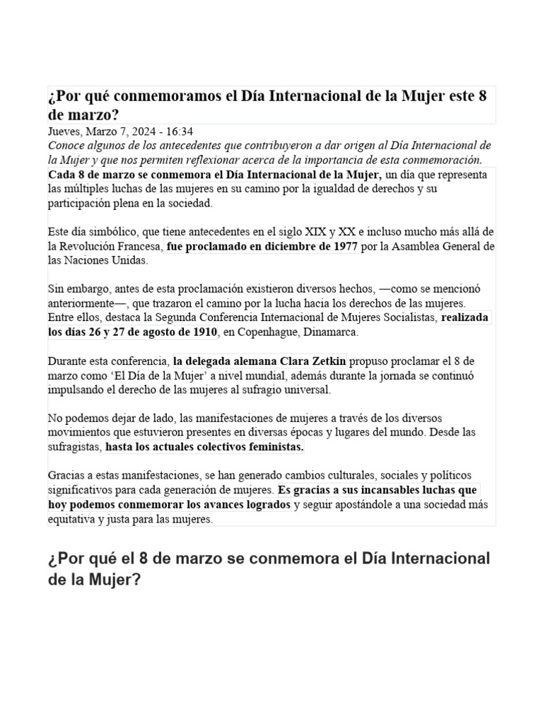 Por Qué Conmemoramos El Día Internacional de La Mujer Este 8 de Marzo | PDF | Mujer | Identidad ...