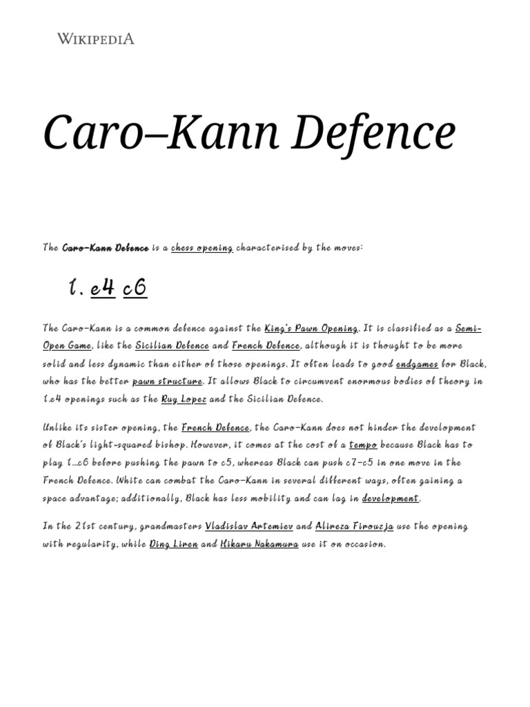 Caro–Kann Defence - Wikipedia | PDF | Board Games | Chess