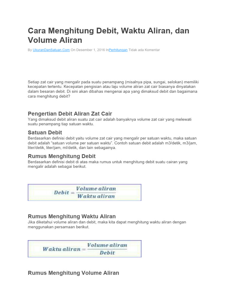 Rumus Debit, Waktu Aliran Dan Volume Aliran Air | PDF