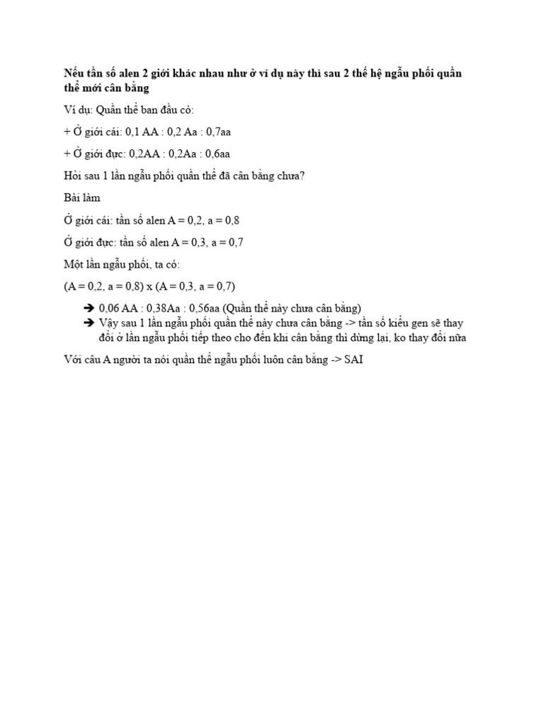 Nếu Tần Số Alen 2 Giới Khác Nhau Như ở Ví Dụ Này Thì Sau 2 Thế Hệ Ngẫu Phối Quần Thể Mới Cân ...