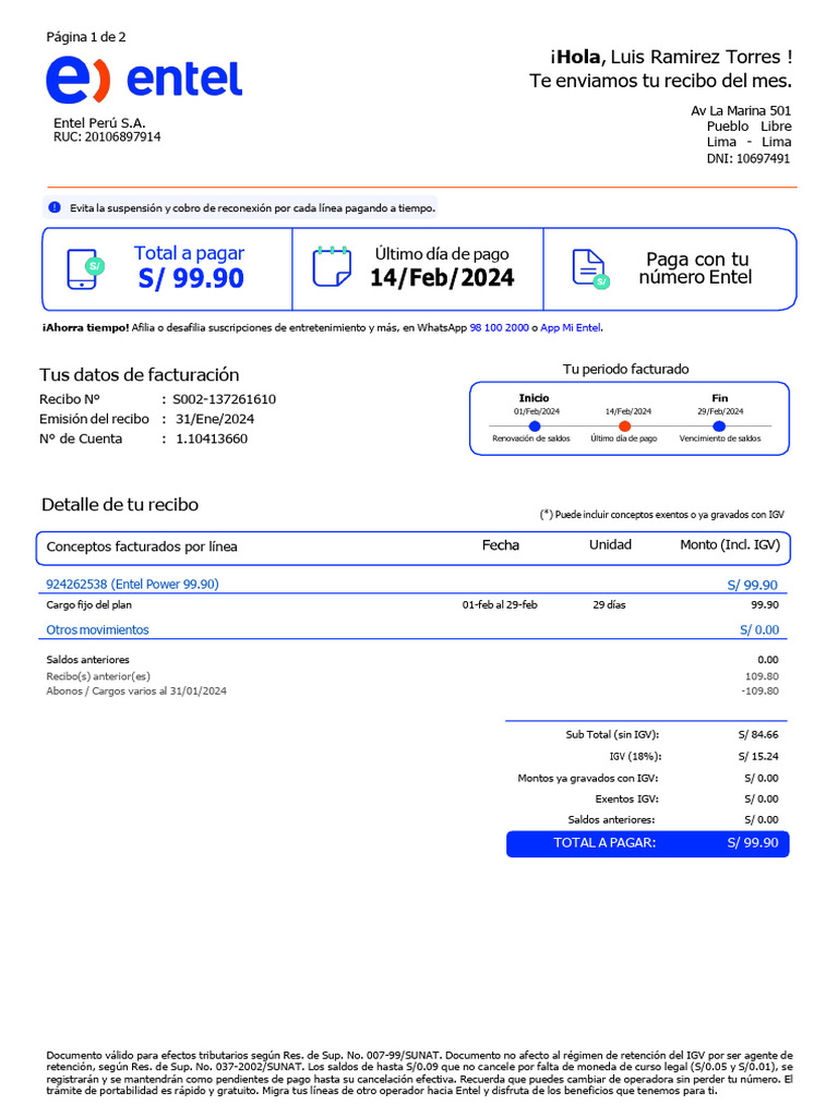 Recibo Entel Luis Ramirez Torres | PDF | Economias