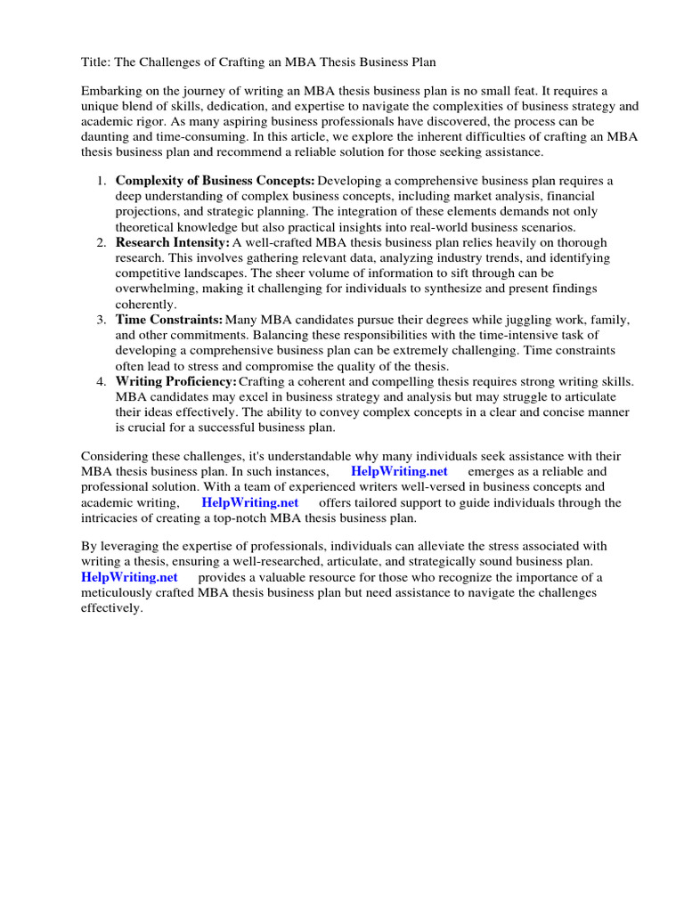 Mba Thesis Business Plan | PDF | Strategic Management | Thesis