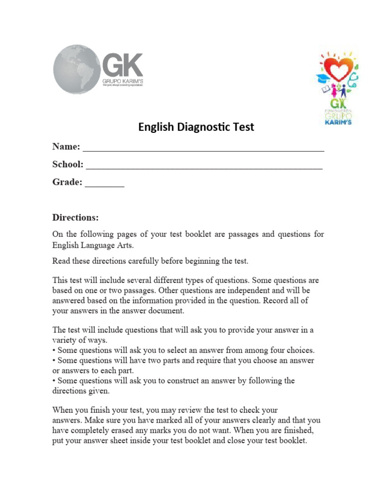 English Diagnostic Test | PDF