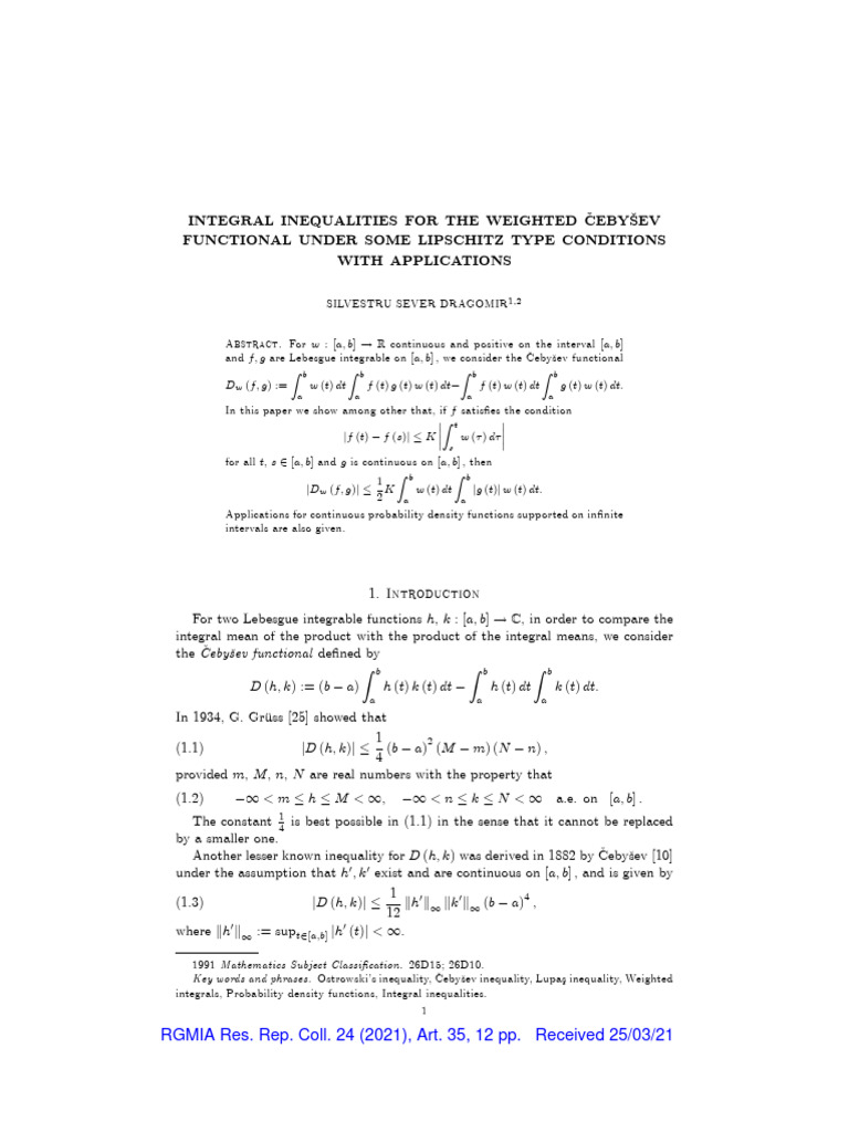 Integral Inequalities For The Weighted Cebysev Functional Under Some Lipschitz Type Conditions ...