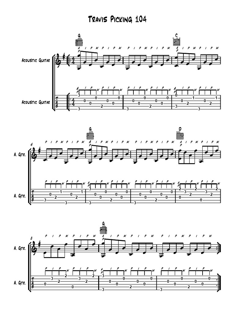 Travis Picking 104 | PDF | String Instruments | Popular Music