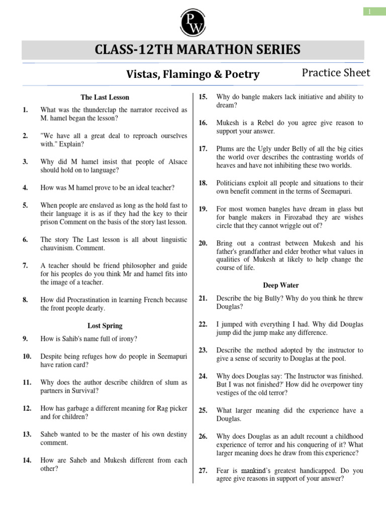 Vistas, Flamingo & Poetry - Practice Sheet - CLASS-12TH MARATHON SERIES ...