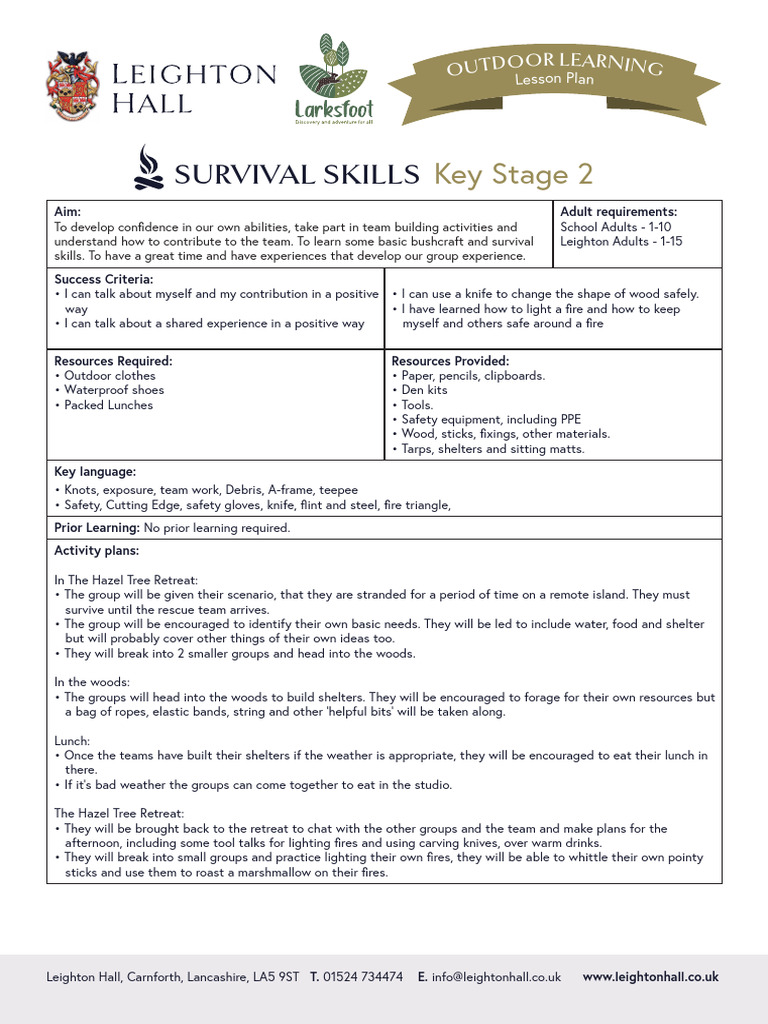 Leighton Hall School Lesson Plan Outdoors Survival | PDF | Wood | Knife