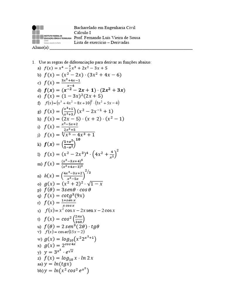 Lista de exercício 3 - Derivadas | PDF | Derivado | Objetos matemáticos