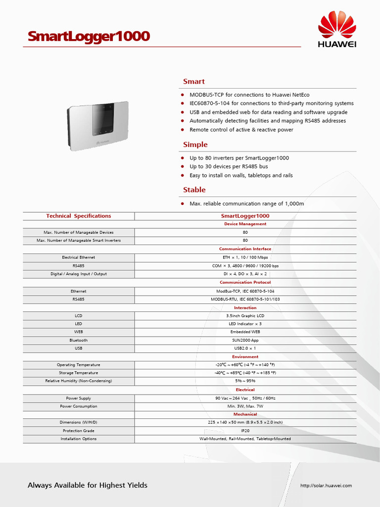 SmartLogger1000 Datasheet | PDF | Usb | Electrical Engineering