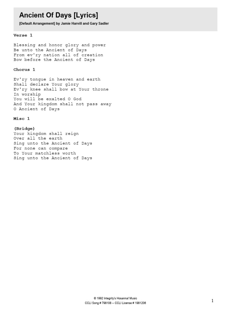 Ancient of Days - Lyrics | PDF
