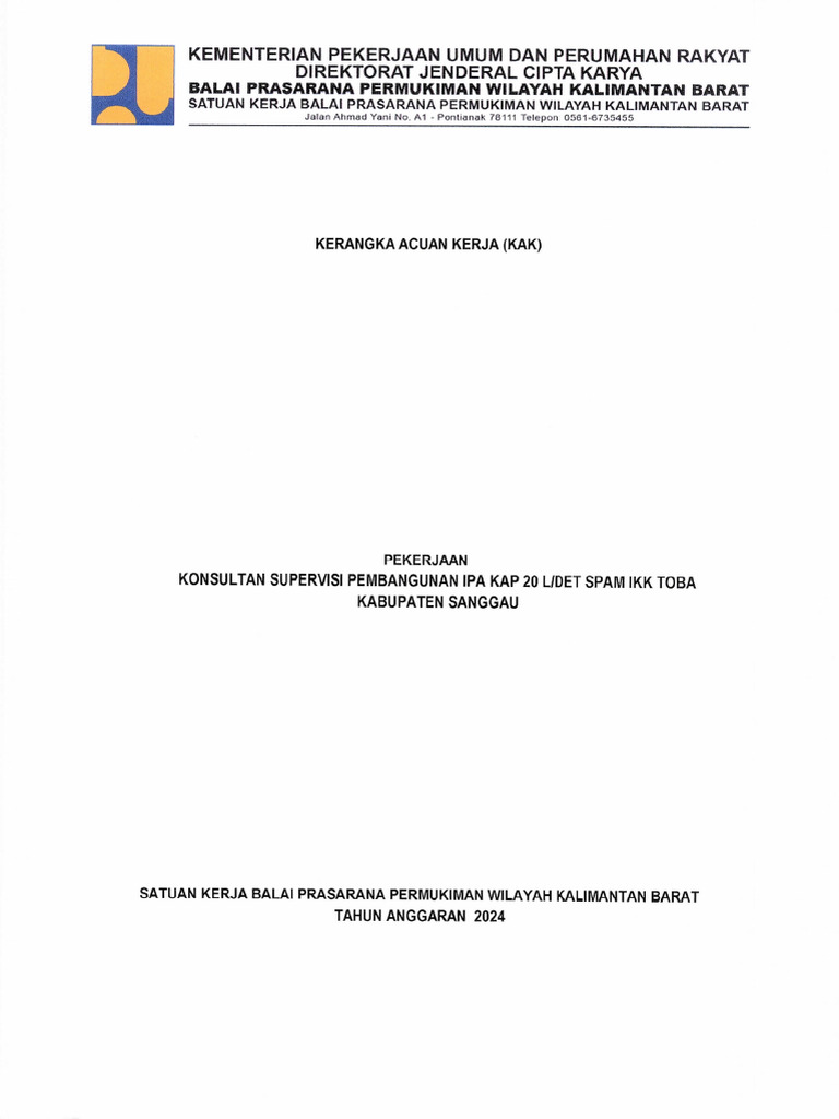 KAK Konsultan Supervisi Pembangunan IPA Kap 20 Ldet SPAM IKK Toba Kabupaten Sanggau - UpdateTA ...