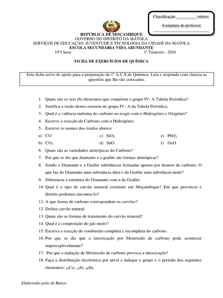 Ficha de Exercicos de Quimica 10 Classe - 2024 | PDF