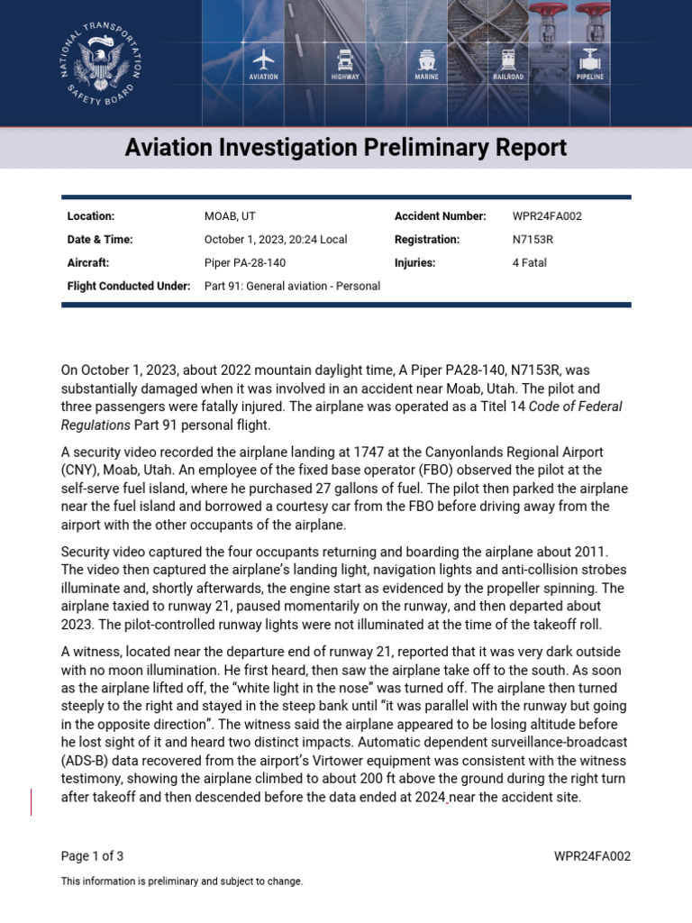 Moab Piper PA-28 Crash Report | PDF | Aircraft | Landing Gear