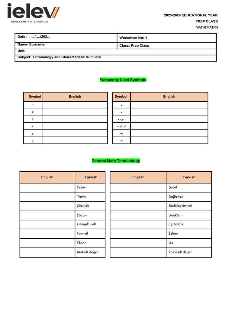 1-Prep Class Terminology and Characteristic Numbers 2023-2024 Prep ...