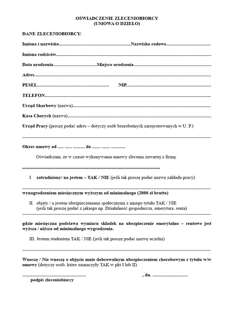 Kwestionariusz Do Umowy o Dzieło-Wzór | PDF