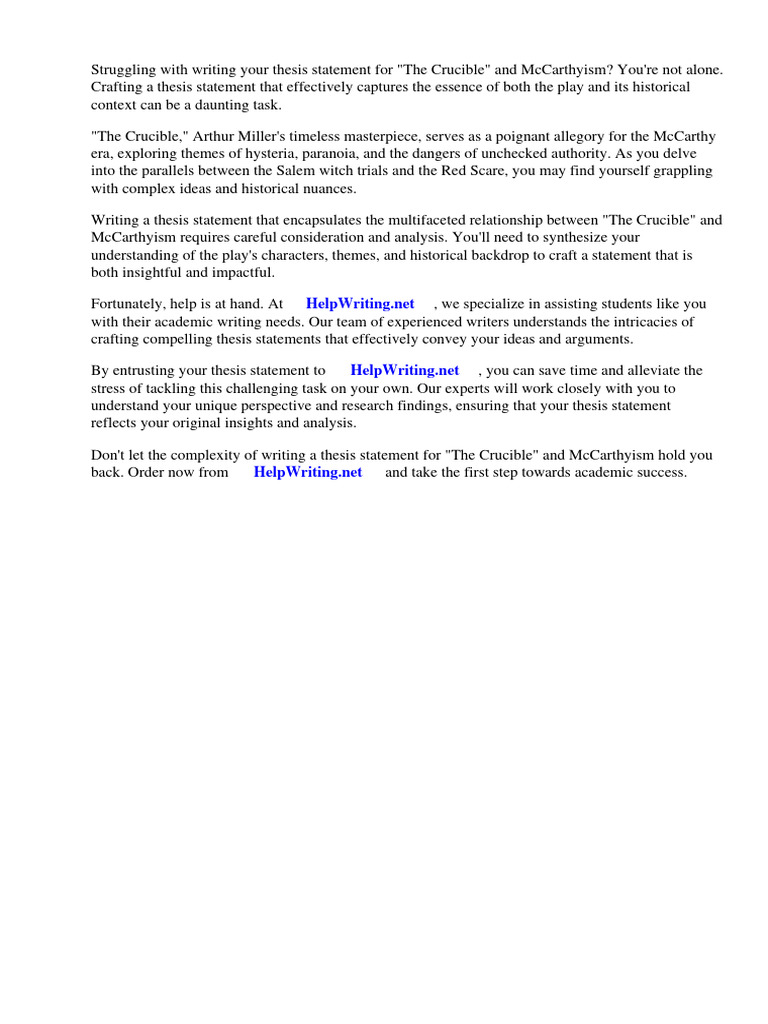 Thesis Statement For The Crucible and Mccarthyism | PDF | Mc Carthyism ...