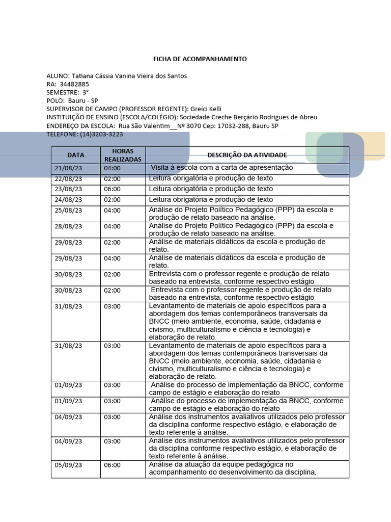 Ficha de Acompanhamento - Estagio | Download grátis PDF | Pedagogia