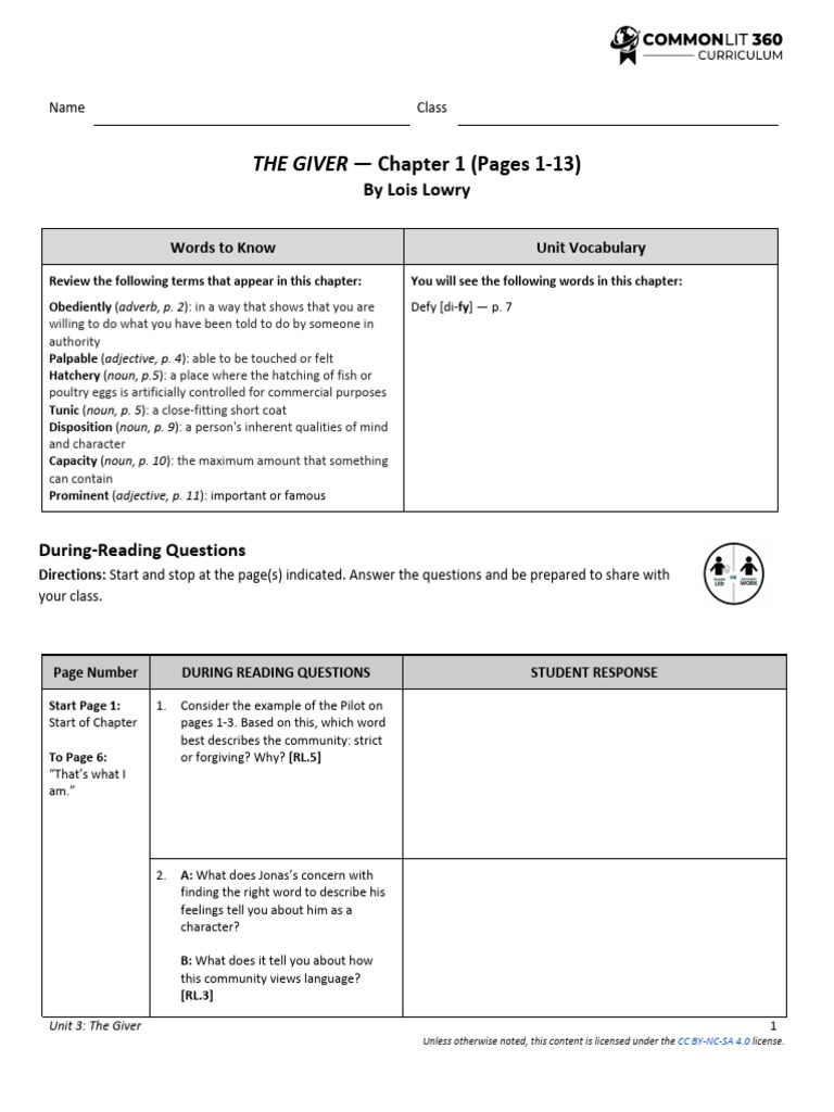 THE GIVER - Chapter 1 (Pages 1-13) : by Lois Lowry | PDF | The Giver ...