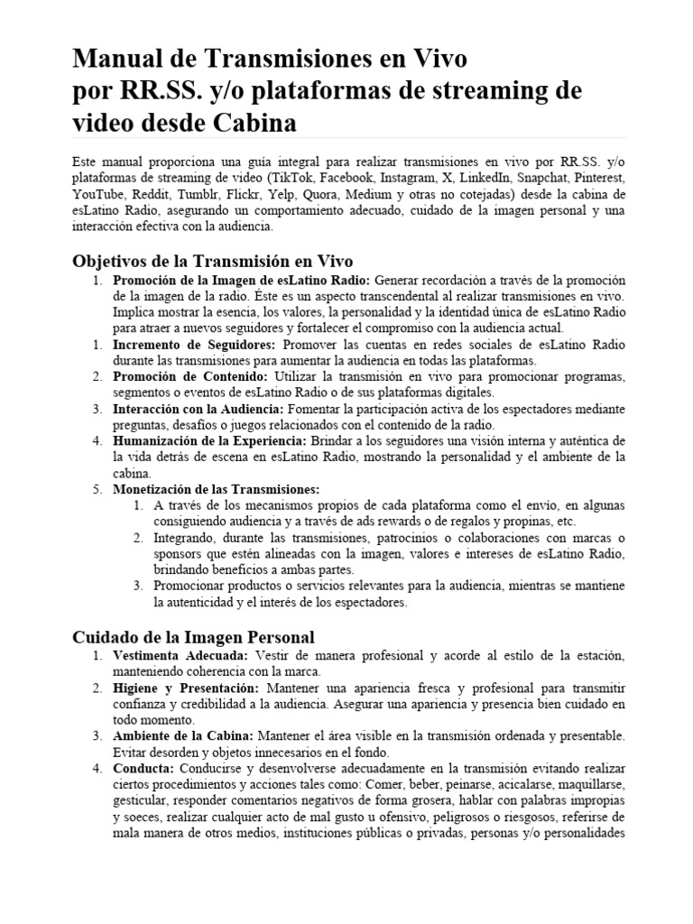 Manual de Transmisiones en Vivo en RRSS y Plataformas de Streaming | PDF | Radiodifusión ...
