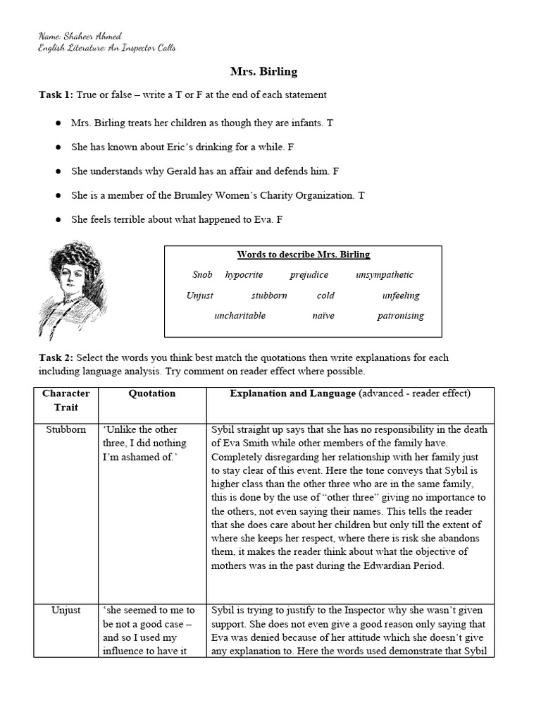 Mrs Birling Analysis | PDF