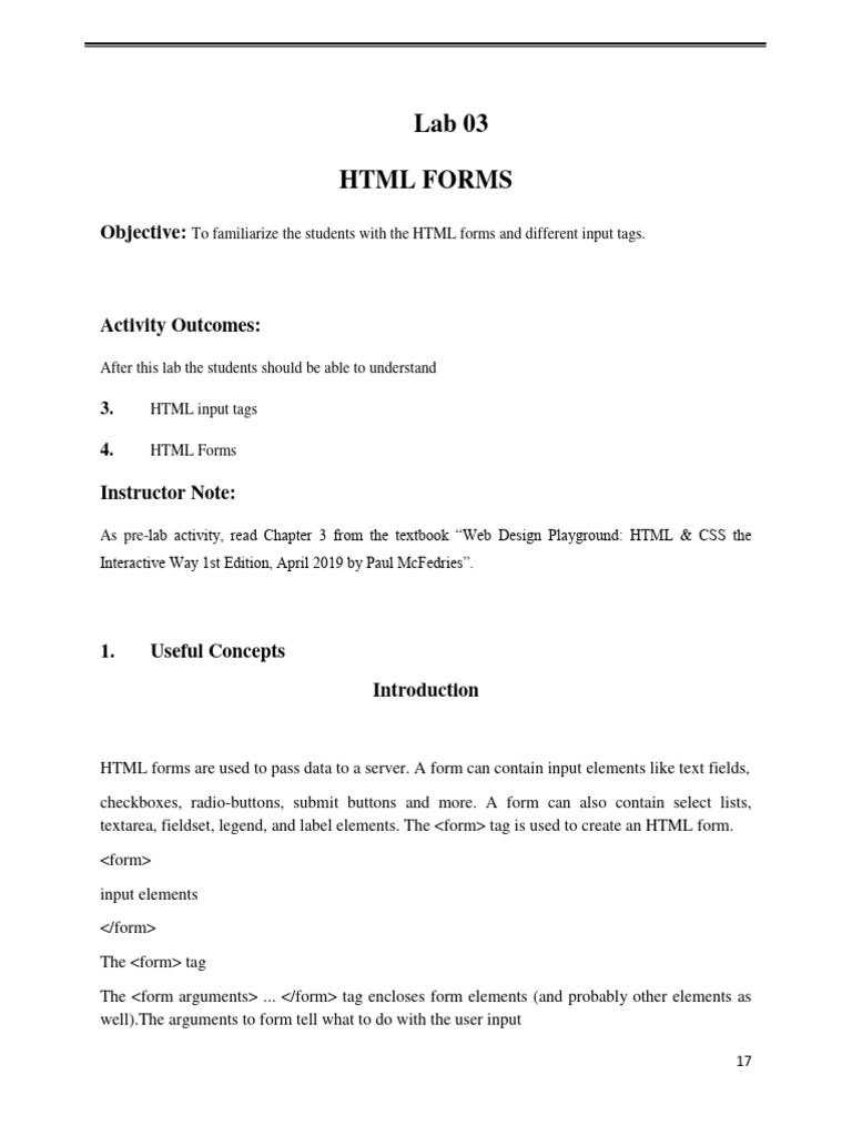 HTML Forms Lab Overview | PDF | Html Element | Html
