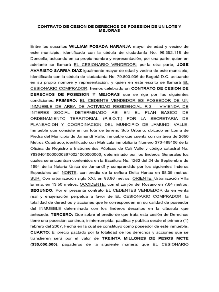 Minuta Contrato De Cesion De Derechos De Posesion De Un Lote Y Mejoras