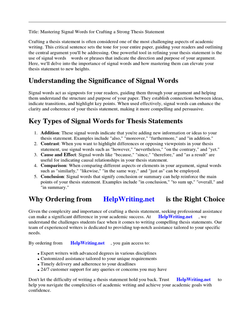 Signal Words for Thesis Statement | PDF